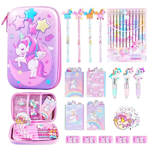 LiYiQ Pencil Case For Girls Boys,Kids Cute Pencil Case Pink Pencil Pouch for Kids,Pens Erasers Non- Sharpening Stackable Pencils Sticky Notes Stickers, Back to School Gifts (Unicorn)