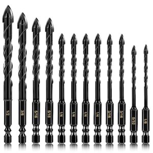 12-pcs concrete drill bit set & masonry drill bit set, cement drill bits for concrete brick wall, tile glass ceramic, masonry drill bit 1/8 to 1/2 inch industrial strength carbide cross drill bit tip