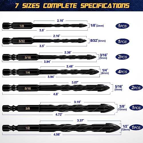 12-PCS Concrete Drill Bit Set & Masonry Drill Bit Set, Cement Drill Bits for Concrete Brick Wall, Tile Glass Ceramic, Masonry Drill Bit 1/8 to 1/2 inch Industrial Strength Carbide Cross Drill Bit Tip