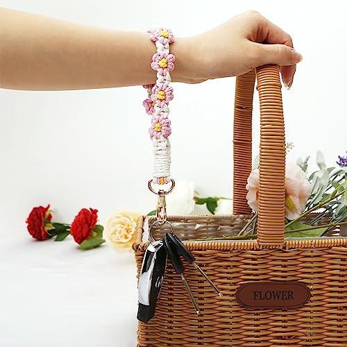 Macrame Wristlet Keychain Daisy Weave Bracelet Keychains Handmade Wrist Lanyard Boho Rope Keyring Phone Holder for Women Girl