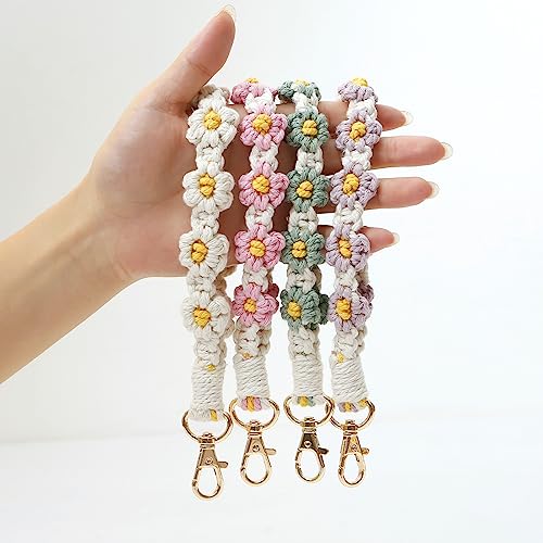 Macrame Wristlet Keychain Daisy Weave Bracelet Keychains Handmade Wrist Lanyard Boho Rope Keyring Phone Holder for Women Girl