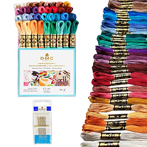 DMC Embroidery Floss, Anniversary Collection Pack. 36 Colors Cotton Embroidery Thread Bundle with Hand Embroidery Needle Size 18. Premium Cross Stitch String Set. Yarn Kit, DMC Mouline Threads.