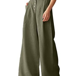 Mingzhu Womens Casual High Waist Cotton Linen Palazoo Pants Summer Wide Leg Trousers with Pockets(0610-Green-S)