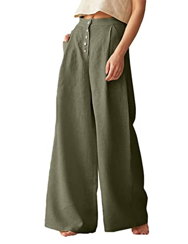 Mingzhu Womens Casual High Waist Cotton Linen Palazoo Pants Summer Wide Leg Trousers with Pockets(0610-Green-S)