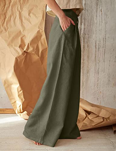 Mingzhu Womens Casual High Waist Cotton Linen Palazoo Pants Summer Wide Leg Trousers with Pockets(0610-Green-S)