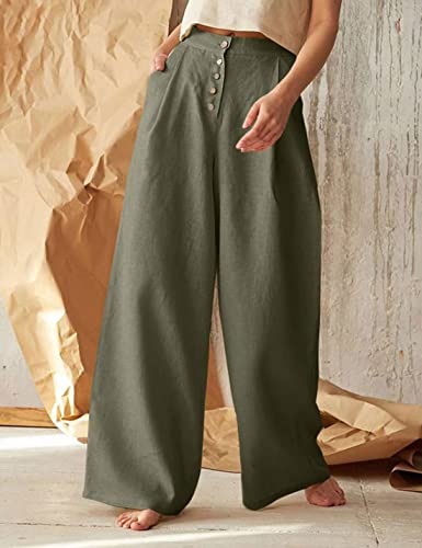 Mingzhu Womens Casual High Waist Cotton Linen Palazoo Pants Summer Wide Leg Trousers with Pockets(0610-Green-S)