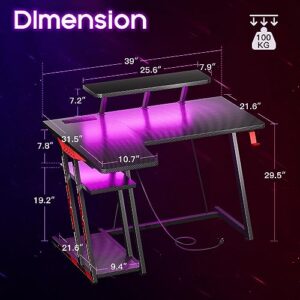 MOTPK L Shaped Gaming Desk with LED Lights & Power Outlets, Small Gaming Computer Desk 39inch with Storage Shelf, Corner Desk with Carbon Fiber Texture, Gamer Desk Gaming Table, Black