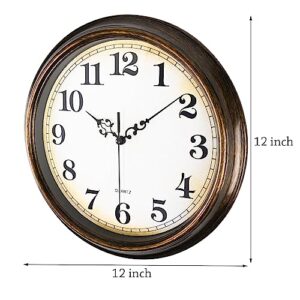 Yoiolclc Wall Clock Battery Operated Silent Non-Ticking Vintage Wall Clocks for Kitchen, School, Living Room (12Inch, Bronze)