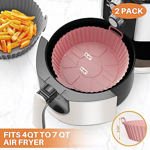 Air Fryer Silicone Liners for 4 to 7 QT [2 Pack] ME.FAN Air Fryer Silicone Liners Pot - Reusable Air Fryer Basket with Handles & Holes - Air Fryer Oven Accessories - Rose Pink+Light Grey