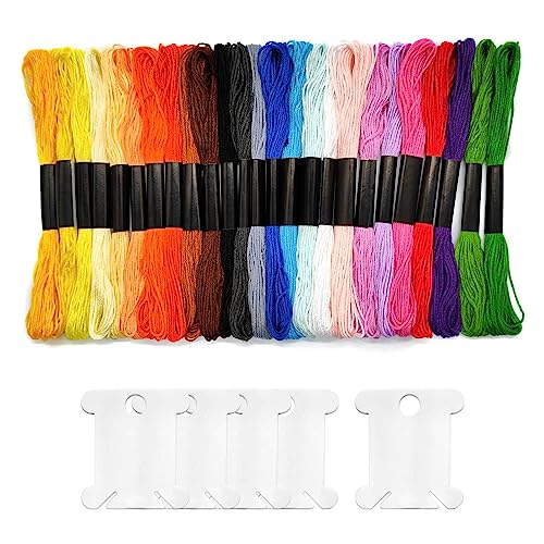 25 Skeins 6 Strands Vibrant Embroidery Floss with 5 Winder Cards Cross Stitch Threads Friendship Bracelet Thread Rainbow Embroidery Floss Skein for DIY Hair Wraps Crafts Sewing Projects