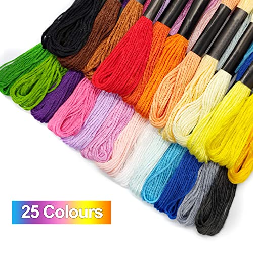 25 Skeins 6 Strands Vibrant Embroidery Floss with 5 Winder Cards Cross Stitch Threads Friendship Bracelet Thread Rainbow Embroidery Floss Skein for DIY Hair Wraps Crafts Sewing Projects