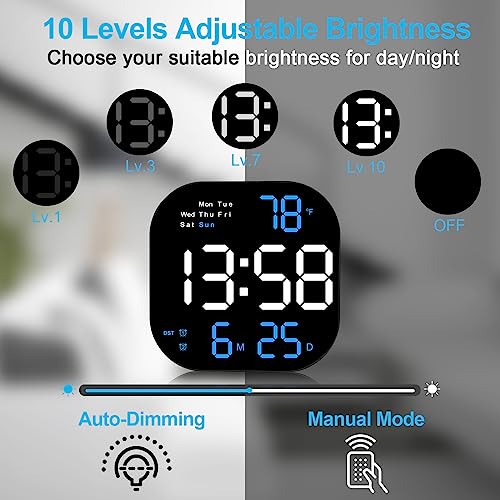 Large Digital Wall Clock, 10.55" Led Display, Automatic Brightness Dimmer Big Clock with Remote, Square Alarm Clock for Living Room Decor