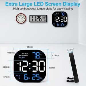 Large Digital Wall Clock, 10.55" Led Display, Automatic Brightness Dimmer Big Clock with Remote, Square Alarm Clock for Living Room Decor