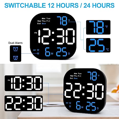 Large Digital Wall Clock, 10.55" Led Display, Automatic Brightness Dimmer Big Clock with Remote, Square Alarm Clock for Living Room Decor