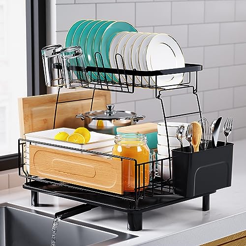 Dish Drying Rack for Kitchen Counter, Large 2 Tier Rustproof Stainless Steel Dish Drainers with Drainboard & Rotatable Drain Spout, Include Removable Utensil Holder, Cutting Board Holder and Cup Rack