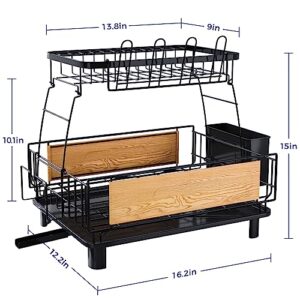 Dish Drying Rack for Kitchen Counter, Large 2 Tier Rustproof Stainless Steel Dish Drainers with Drainboard & Rotatable Drain Spout, Include Removable Utensil Holder, Cutting Board Holder and Cup Rack