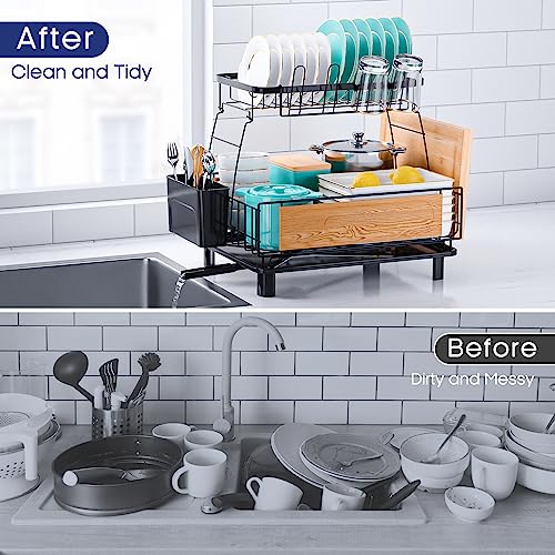 Dish Drying Rack for Kitchen Counter, Large 2 Tier Rustproof Stainless Steel Dish Drainers with Drainboard & Rotatable Drain Spout, Include Removable Utensil Holder, Cutting Board Holder and Cup Rack