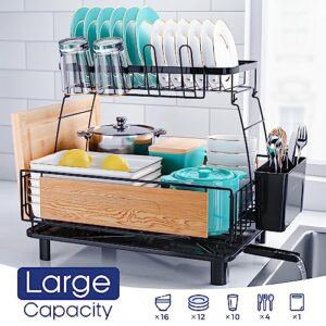 Dish Drying Rack for Kitchen Counter, Large 2 Tier Rustproof Stainless Steel Dish Drainers with Drainboard & Rotatable Drain Spout, Include Removable Utensil Holder, Cutting Board Holder and Cup Rack