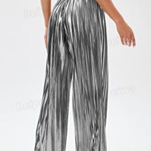 heipeiwa Women's Shiny Pleated Wide Leg Pants Party Nightout High Elastic Waist Trouser Outfit Clubwear Silver