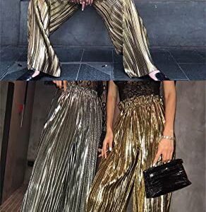 heipeiwa Women's Shiny Pleated Wide Leg Pants Party Nightout High Elastic Waist Trouser Outfit Clubwear Silver