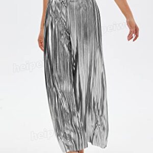 heipeiwa Women's Shiny Pleated Wide Leg Pants Party Nightout High Elastic Waist Trouser Outfit Clubwear Silver