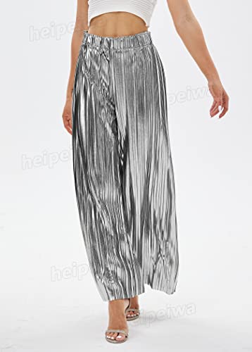 heipeiwa Women's Shiny Pleated Wide Leg Pants Party Nightout High Elastic Waist Trouser Outfit Clubwear Silver