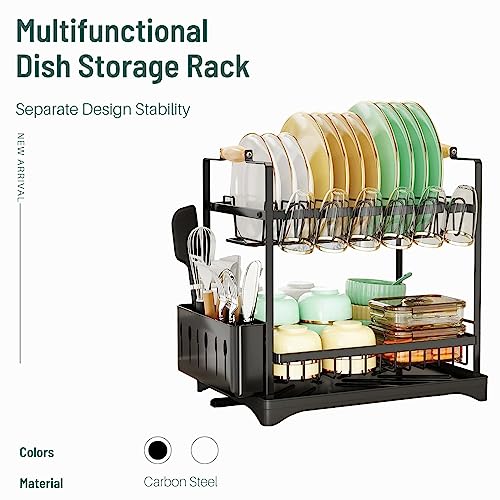 E-ROOM TREND Dish Drying Rack,Black Large Capacity and Multifunctional Carbon Steel Dish Rack, 2-Tier Dish Drying Rack, Rustproof Kitchen Dish Drying Rack with Drainbo & Utensil (DR201W)