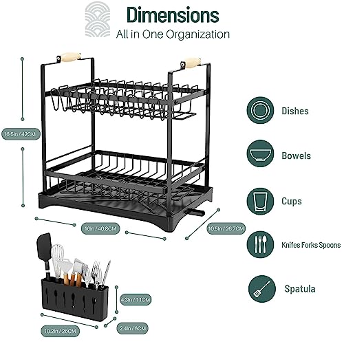 E-ROOM TREND Dish Drying Rack,Black Large Capacity and Multifunctional Carbon Steel Dish Rack, 2-Tier Dish Drying Rack, Rustproof Kitchen Dish Drying Rack with Drainbo & Utensil (DR201W)