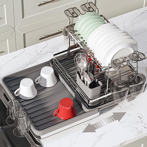 Z&L HOUSE Dish Drying Rack for Kitchen Counter, Upgraded 2 Tier Expandable Dish Dryer Rack Create More Space, Large Dish Rack with Automatic Drainer, Durable Metal Dishrack for Kitchen Gray