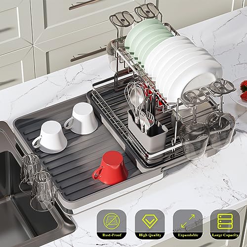 Z&L HOUSE Dish Drying Rack for Kitchen Counter, Upgraded 2 Tier Expandable Dish Dryer Rack Create More Space, Large Dish Rack with Automatic Drainer, Durable Metal Dishrack for Kitchen Gray