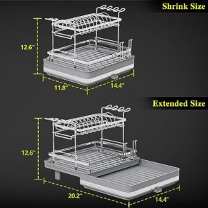 Z&L HOUSE Dish Drying Rack for Kitchen Counter, Upgraded 2 Tier Expandable Dish Dryer Rack Create More Space, Large Dish Rack with Automatic Drainer, Durable Metal Dishrack for Kitchen Gray