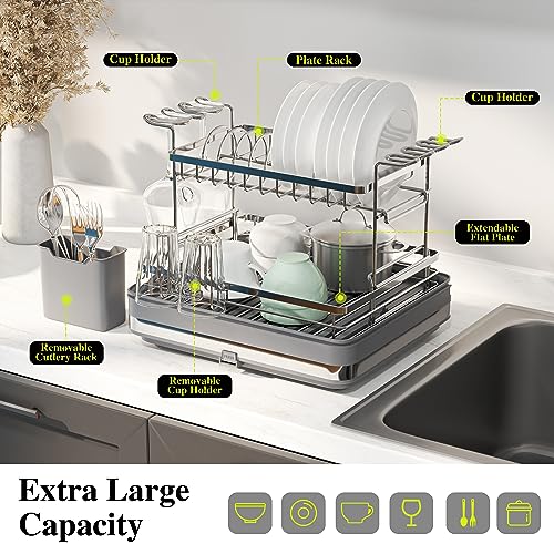 Z&L HOUSE Dish Drying Rack for Kitchen Counter, Upgraded 2 Tier Expandable Dish Dryer Rack Create More Space, Large Dish Rack with Automatic Drainer, Durable Metal Dishrack for Kitchen Gray