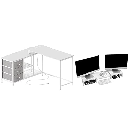 SUPERJARE L Shaped Desk with Power Outlets and Dual Monitor Stand Riser