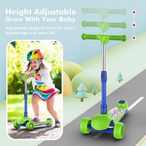 MooguUeer Kids Electric Scooter Foldable 3 Wheel Scooter for Kids Ages 3-8 with Knee Pads, Thumb Accelerator, Lean-to Steer, Flashing Wheels, 5 MPH Safe Speed, Best Gift for Children (Green)