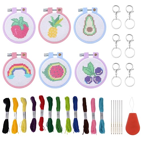 joyibay 6PCS 3'' Cross Stitch Embroidery Kits for Kids, Cross Stitch Beginner for Handicraft, Fruit Patterns DIY Handmade Pendant Hoops for Kids Manual Backpack Decoration with Chains