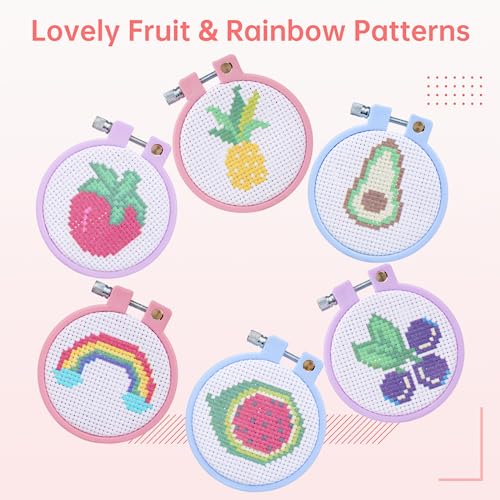 joyibay 6PCS 3'' Cross Stitch Embroidery Kits for Kids, Cross Stitch Beginner for Handicraft, Fruit Patterns DIY Handmade Pendant Hoops for Kids Manual Backpack Decoration with Chains