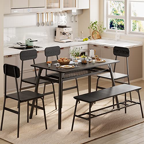 Gizoon Dining Table Set for 6, 6-Piece Kitchen Table and Chairs, Dining Room Table Set with Bench, Storage Rack for Small Space, Home, Apartment, Black