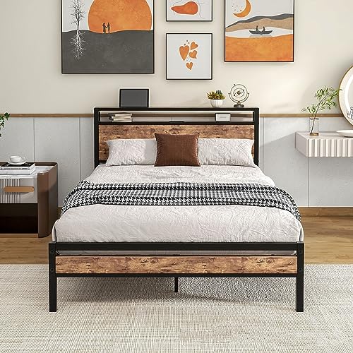 JUYETOA Full Size Bed Frame with Wooden Headboard and Footboard, Strong Metal Slats Support for Mattress Foundation, No Box Spring Needed, Easy Assembly, Noise Free