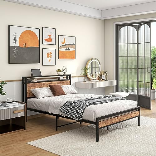 JUYETOA Full Size Bed Frame with Wooden Headboard and Footboard, Strong Metal Slats Support for Mattress Foundation, No Box Spring Needed, Easy Assembly, Noise Free