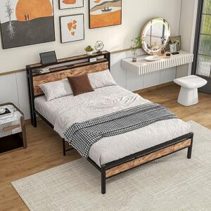 JUYETOA Full Size Bed Frame with Wooden Headboard and Footboard, Strong Metal Slats Support for Mattress Foundation, No Box Spring Needed, Easy Assembly, Noise Free