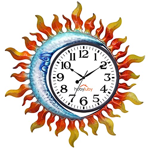 giole 13" Indoor Outdoor Sun and Moon Wall Clock, Silent Non-Ticking Wall Clocks Battery Operated, Outdoor Clocks Waterproof for Patio and Home Decor