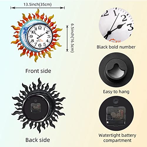 giole 13" Indoor Outdoor Sun and Moon Wall Clock, Silent Non-Ticking Wall Clocks Battery Operated, Outdoor Clocks Waterproof for Patio and Home Decor