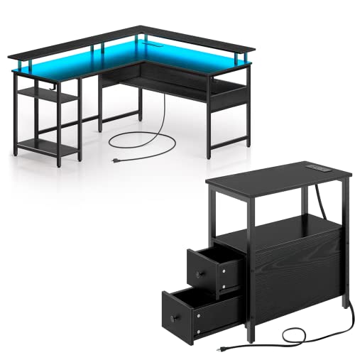 Rolanstar Computer Desk L Shaped 59'' with LED Lights and Power Outlets, Reversible L Shaped Gaming Desk Bundle End Table with Charging Station, Narrow Side Table with 2 Wooden Drawers