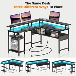 Rolanstar Computer Desk L Shaped 59'' with LED Lights and Power Outlets, Reversible L Shaped Gaming Desk Bundle End Table with Charging Station, Narrow Side Table with 2 Wooden Drawers