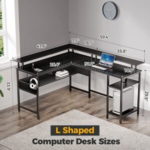 Rolanstar Computer Desk L Shaped 59'' with LED Lights and Power Outlets, Reversible L Shaped Gaming Desk Bundle End Table with Charging Station, Narrow Side Table with 2 Wooden Drawers