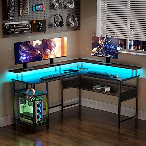 Rolanstar Computer Desk L Shaped 59'' with LED Lights and Power Outlets, Reversible L Shaped Gaming Desk Bundle End Table with Charging Station, Narrow Side Table with 2 Wooden Drawers