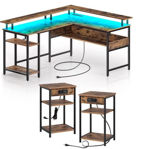 Rolanstar Computer Desk L Shaped 59'' with LED Lights and Power Outlets, Reversible L Shaped Gaming Desk Bundle End Table with Charging Station, 3 Tier Slim Nightstand