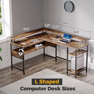 Rolanstar Computer Desk L Shaped 59'' with LED Lights and Power Outlets, Reversible L Shaped Gaming Desk Bundle End Table with Charging Station, 3 Tier Slim Nightstand