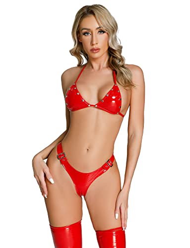 Aivtalk Women 2Pcs Bra Tops Thong Micro Bikini Set Sexy Swimwear Beachwear Swimsuit Extreme Lingerie Set Red S