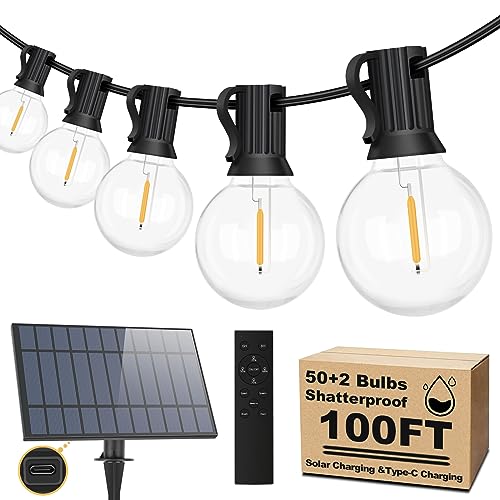 100FT Solar String Lights Outdoor Waterproof, Solar String Lights for Outside with Remote, G40 LED Lights String Solar Powered with 52 Shatterproof Bulbs, Dimmable Patio Hanging Lights for Yard Garden